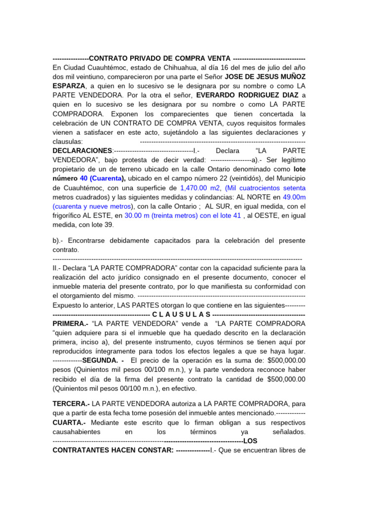 Contrato Compra Venta Terreno | PDF