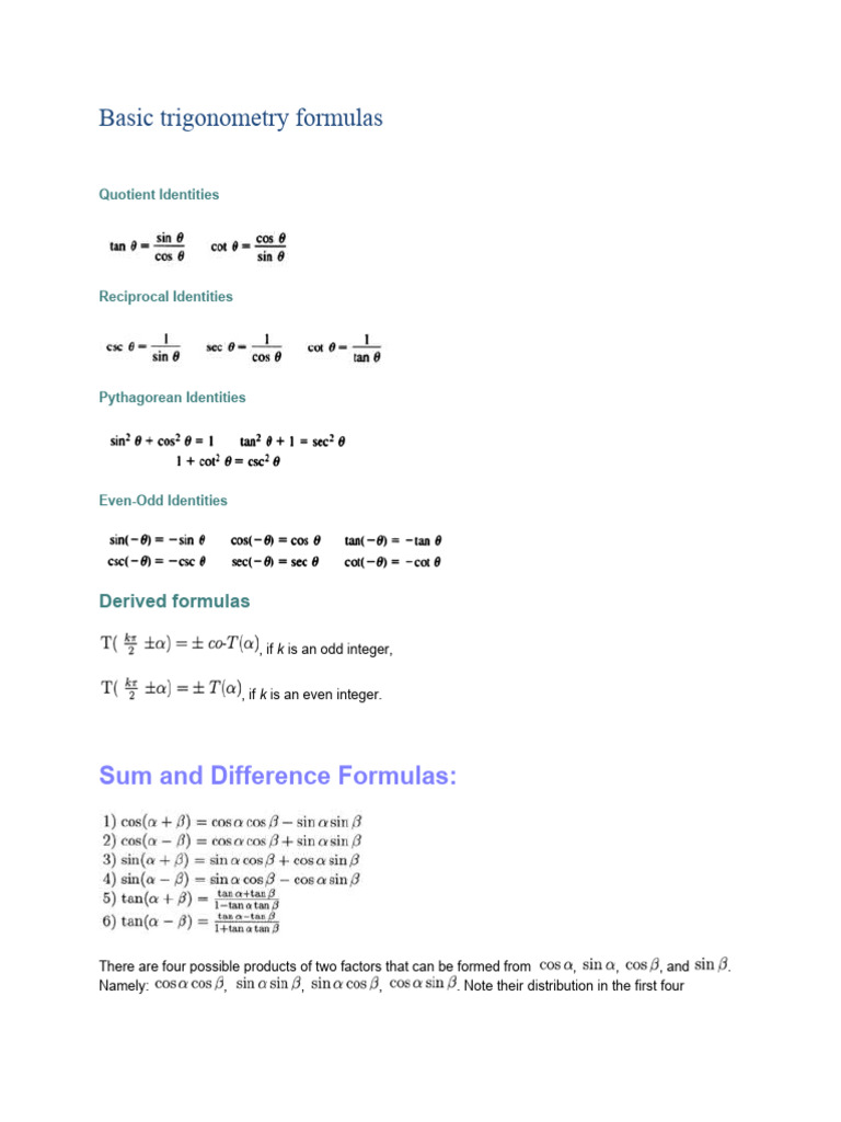 Basic Trigonometry Formulas | PDF | Trigonometric Functions | Trigonometry