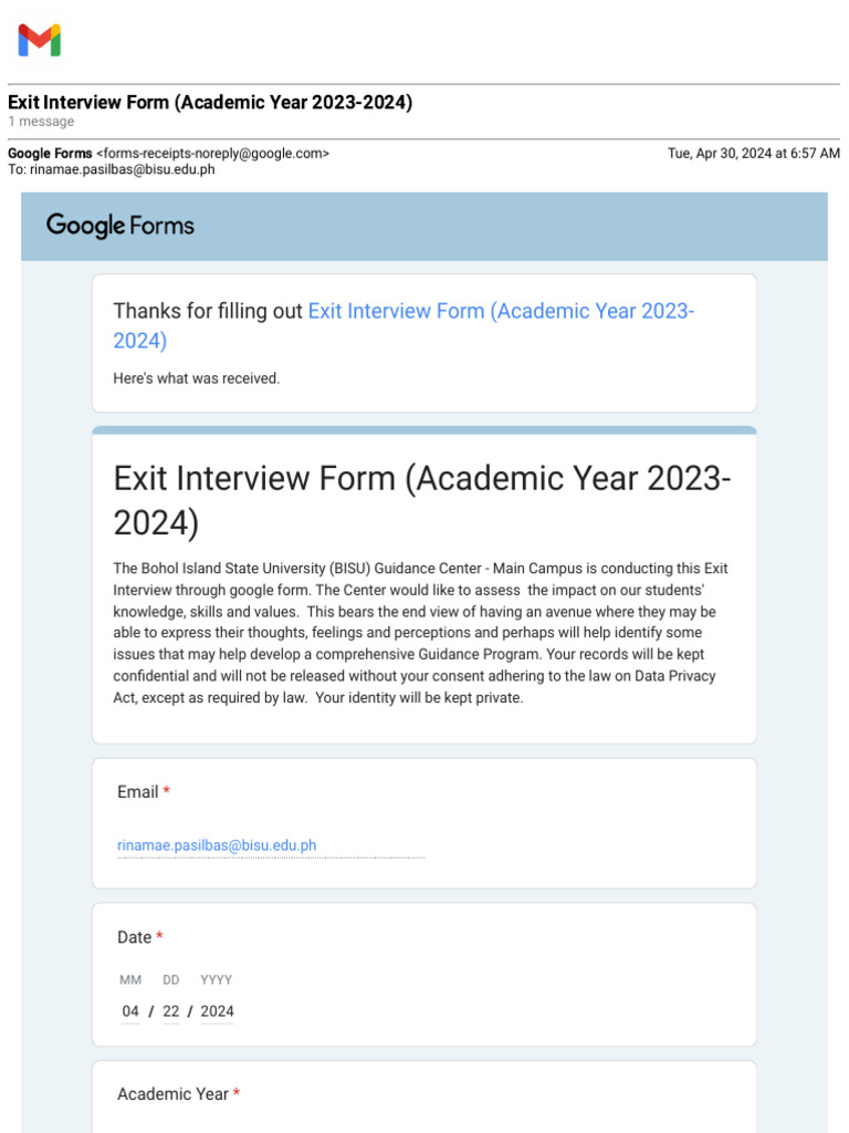 BISU 2023-2024 Exit Interview Form | PDF | Skill | Social Psychology