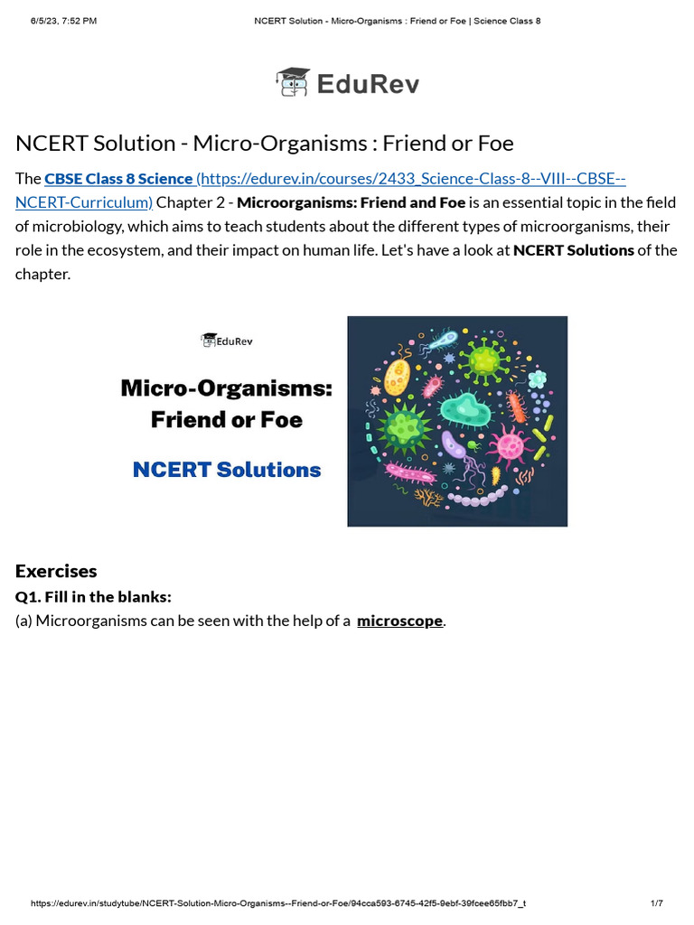 NCERT Solutions for Class 8 Microorganisms | PDF | Microorganism | Bacteria