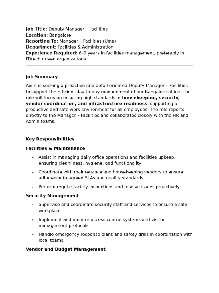 Deputy Manager – Facilities Role Overview | PDF | Business | Economies