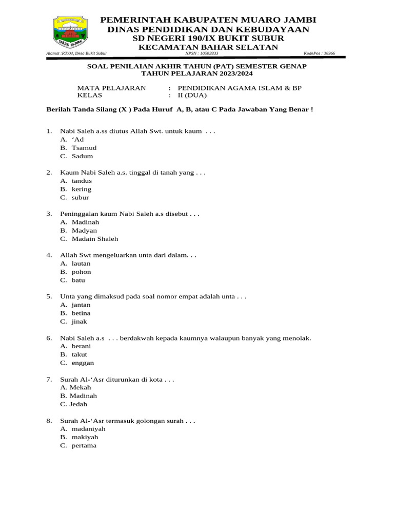 Soal Pat Pai Kelas 2 2024 | PDF