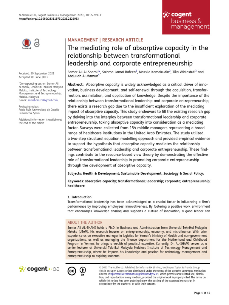The Mediating Role of Absorptive Capacity in The R | PDF | Transformational Leadership | Leadership