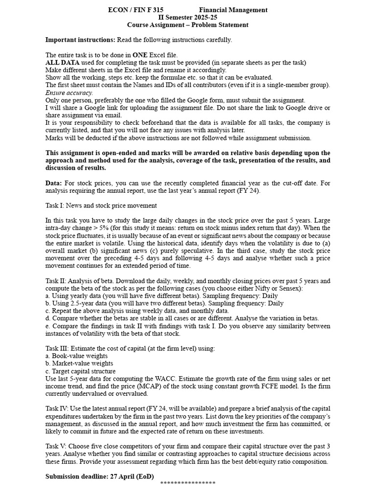 Assignment Problem Statement | PDF | Capital Structure | Beta (Finance)