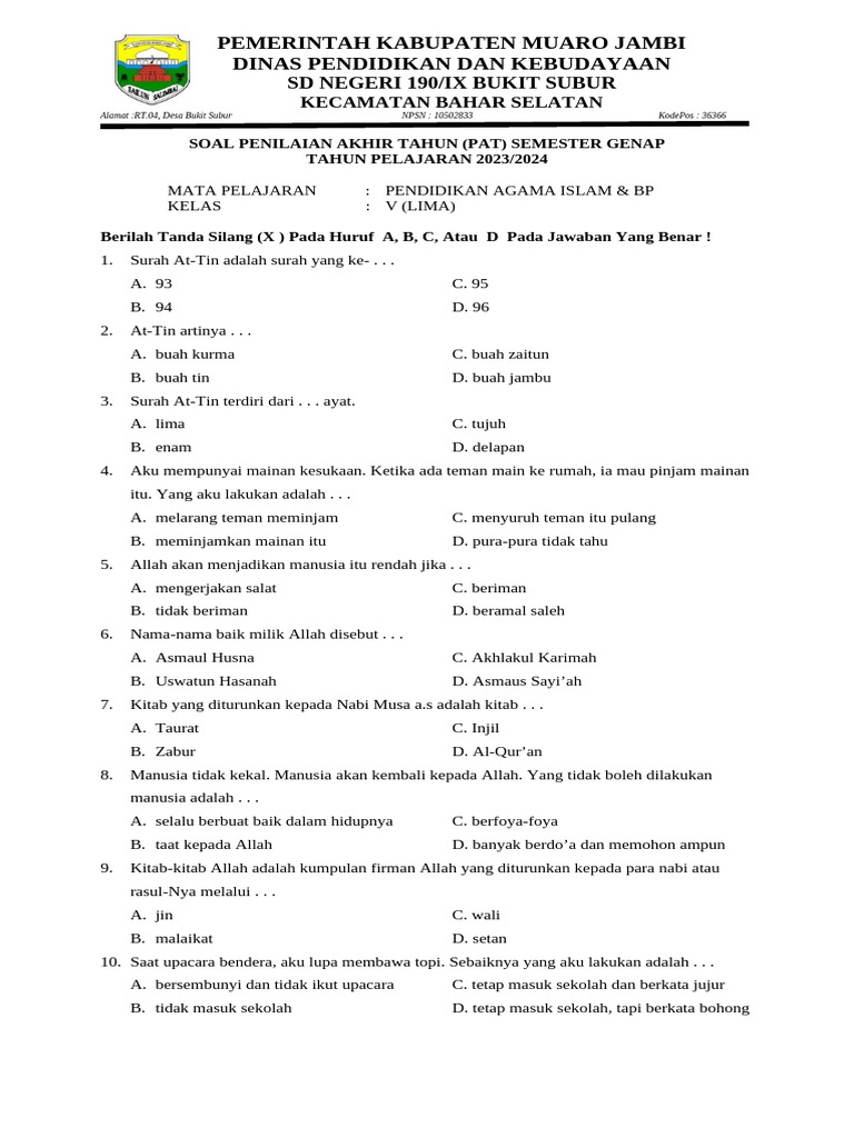 Soal Pat Pai Kelas 5 2024 | PDF