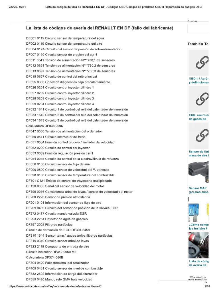 Lista de Códigos de Falla de RENAULT En... Blema OBD II Reparación de ...