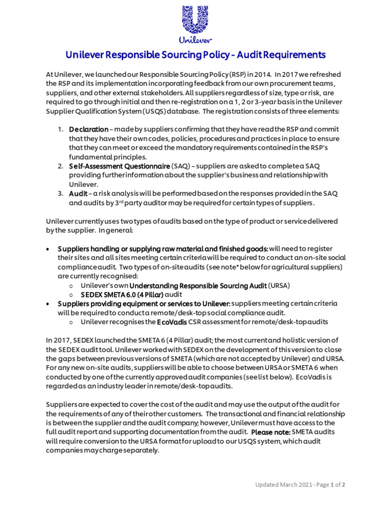 Unilever Audit Requirements Overview | PDF | Audit | Business