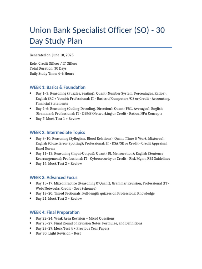 Union Bank SO 30 Day Study Plan | PDF