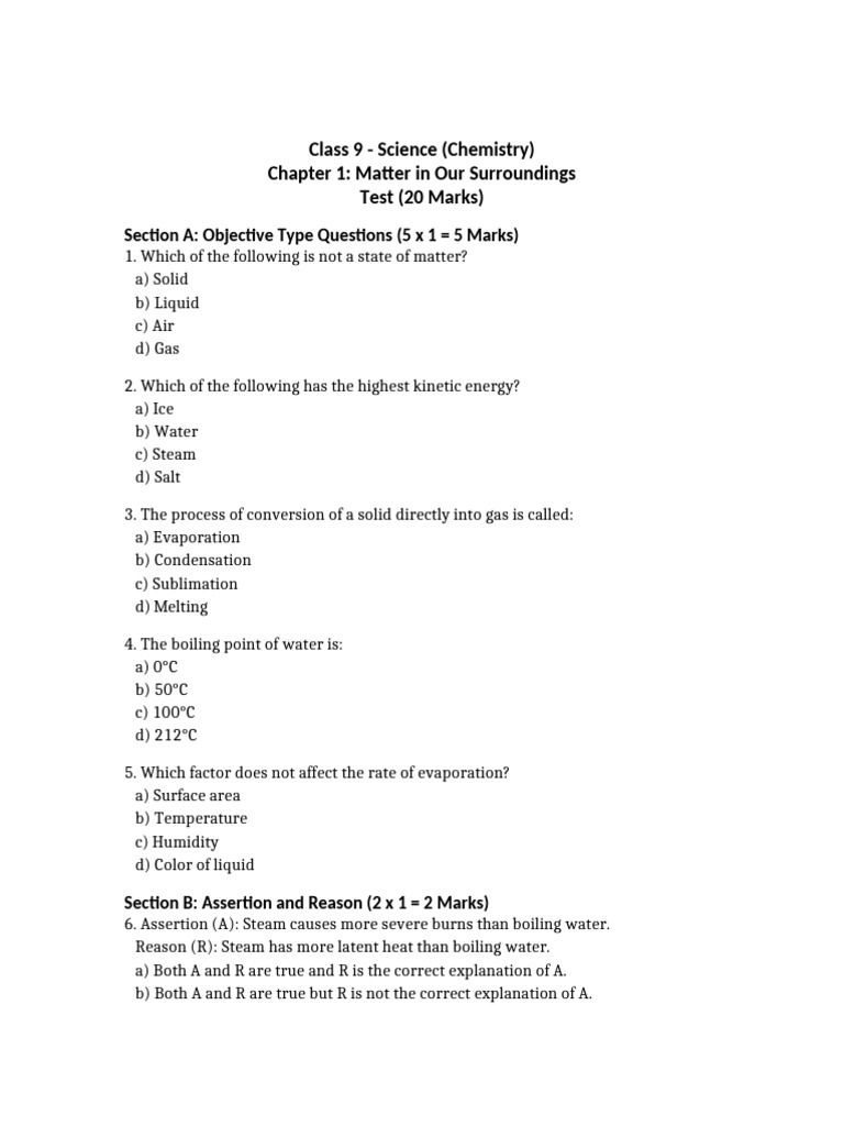 Class 9 Chemistry Chapter 1 Test | PDF | Latent Heat | Water