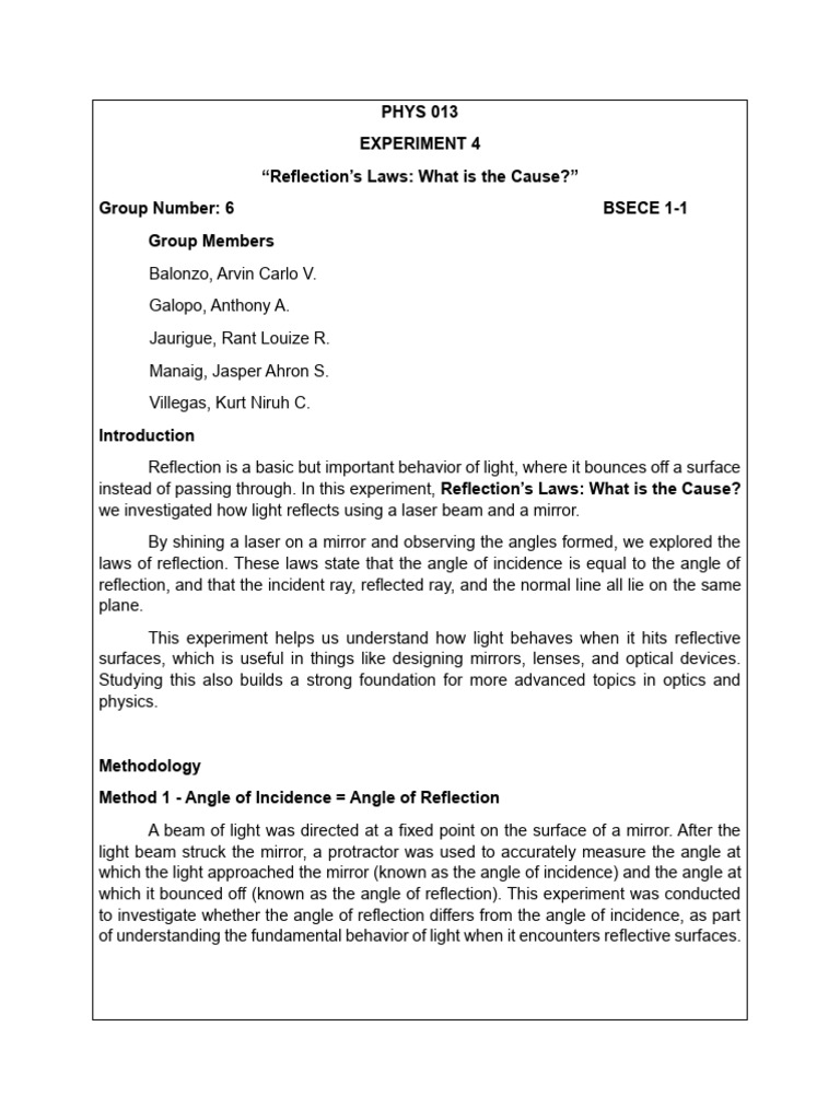 PHYS-013-Expt4-Group6 Rotational Motion | PDF | Mirror | Reflection (Physics)