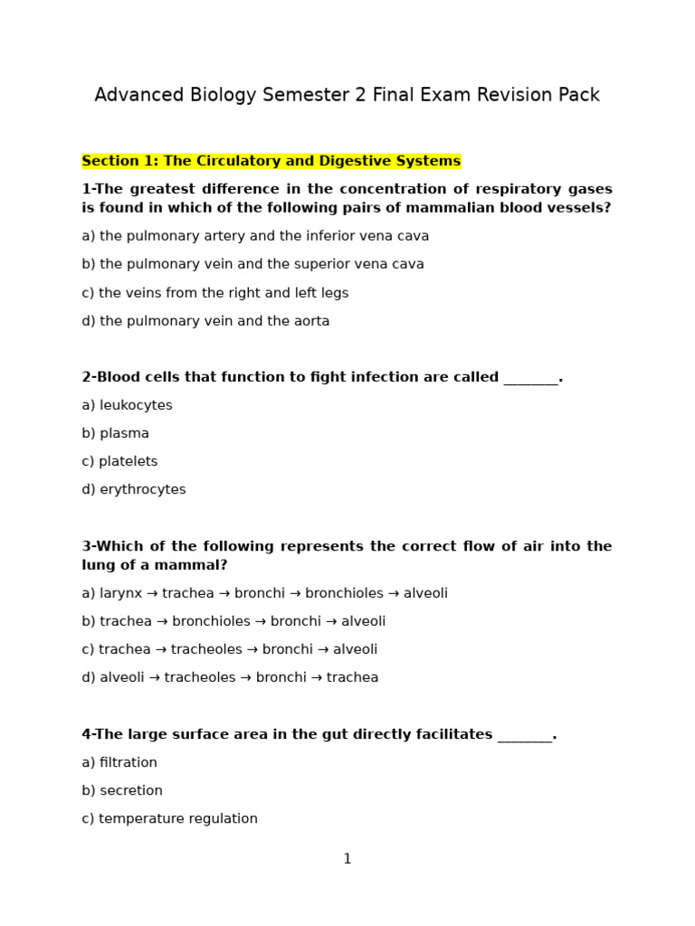 Advanced Biology Semester 2 Fina Exam Revision Pack | PDF | Action ...