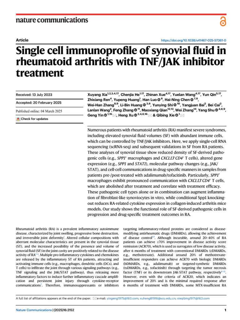 Single Cell Immunoprofile of Synovial Fluid | PDF | Inflammation | Rheumatoid Arthritis