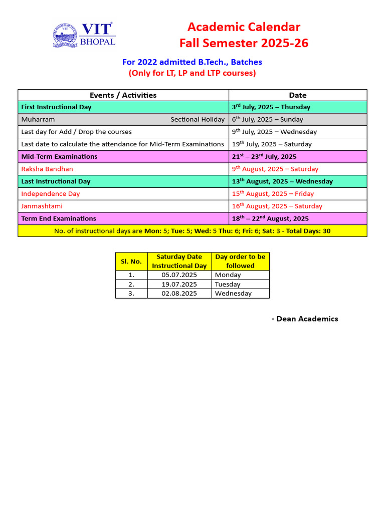 Fall Semester 2025-26 Academic Calendar | PDF