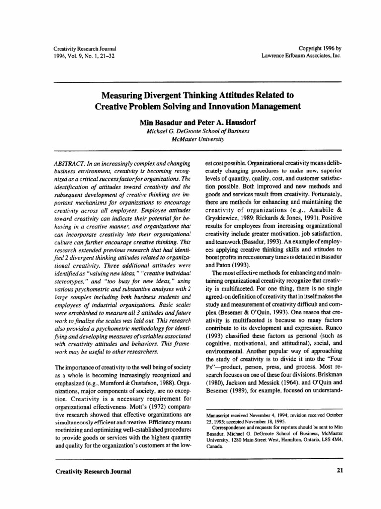 Basadur Hausdorf 1996 Measuring Divergent Thinkingin Creative Problem Solvingand Innovation ...