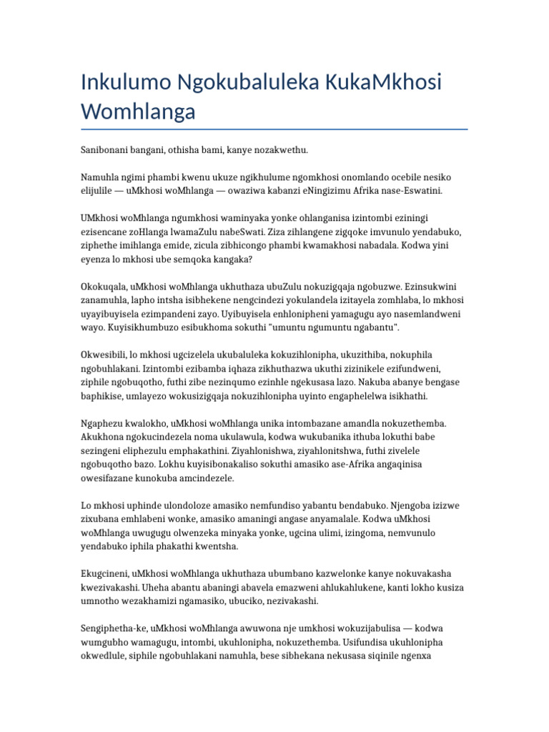 Inkulumo Ngokubaluleka KukaMkhosi Womhlanga - Mpumelelo Mkhize | PDF