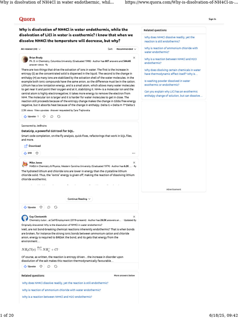 NH4Cl Dissolution: Endothermic Process | PDF | Solvation | Ion