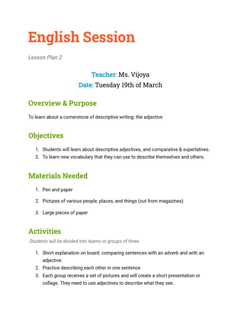 Lesson Plan Adjectives | PDF