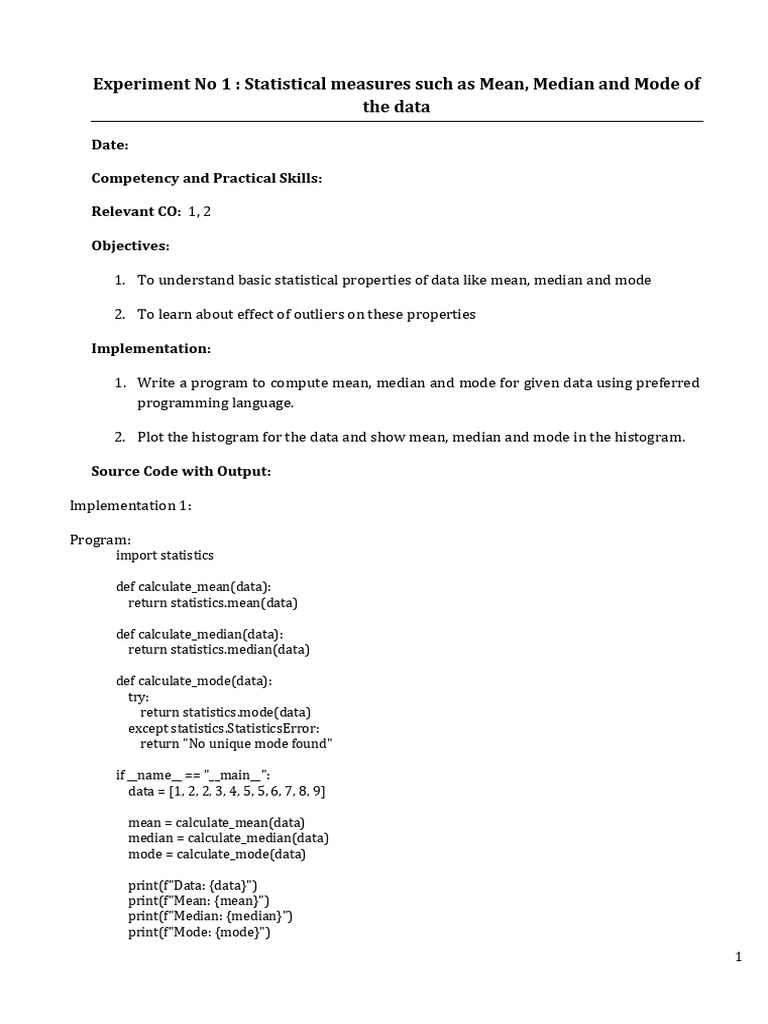 Experiment No 1: Statistical Measures Such As Mean, Median and Mode of ...