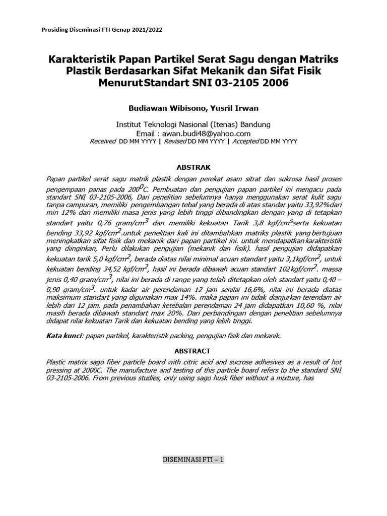 Karakteristik Papan Partikel Serat Sagu Dengan Matriks Plastik ...