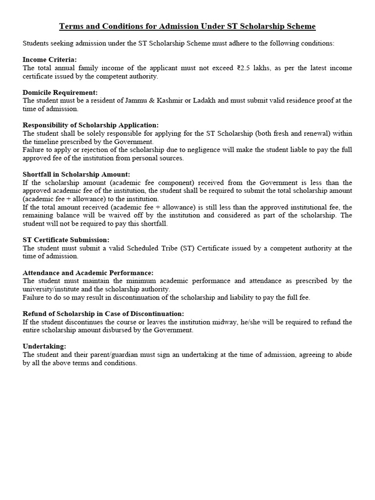 ST Scholarship Scheme Admission Terms | PDF