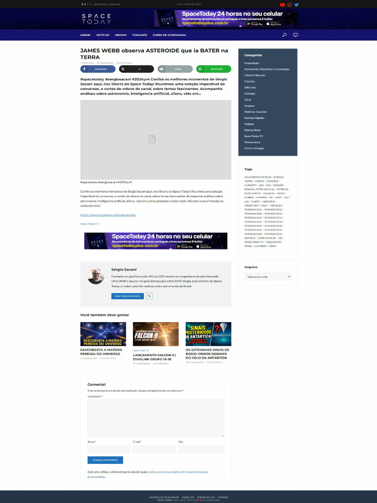 AMES WEBB Observa ASTEROIDE Que Ia BATER Na TERRA - SPACE TODAY | PDF