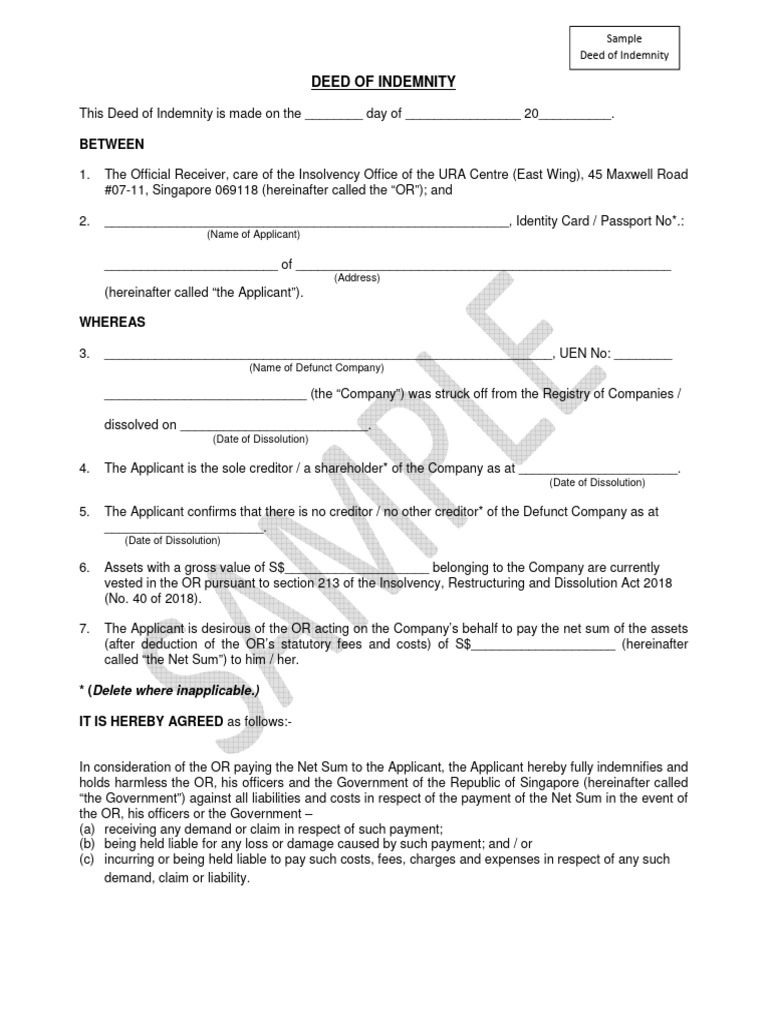 Indemnity Formtothe Official Receiverto Lay Claimsfor DFCases | PDF | Indemnity | Private Law
