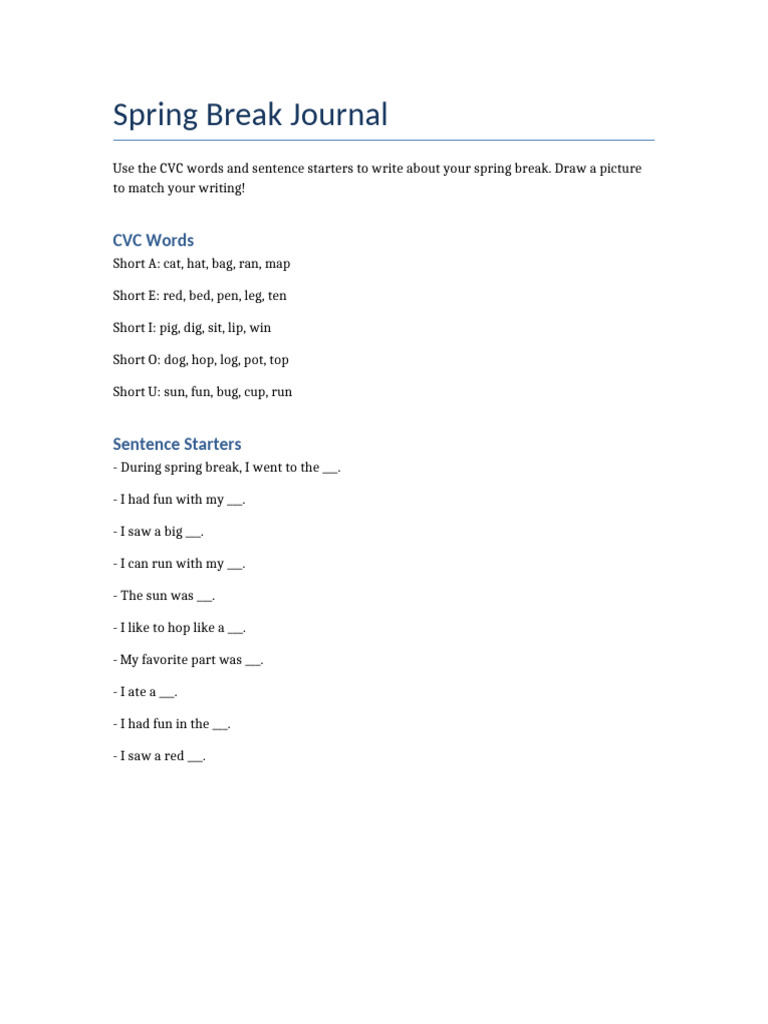 Spring Break Journal First Grade | PDF