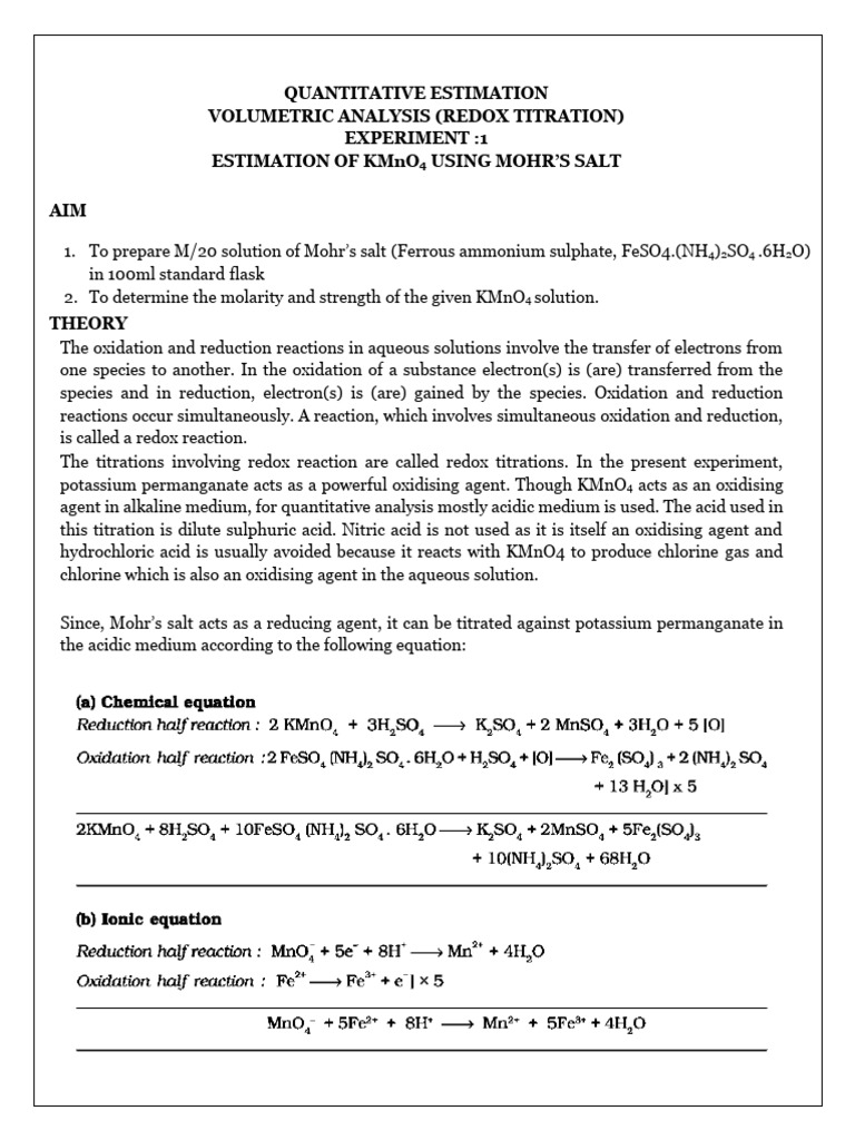 Volumetric Analysis - Mohr's Salt Vs Kmno4 | PDF | Redox | Titration