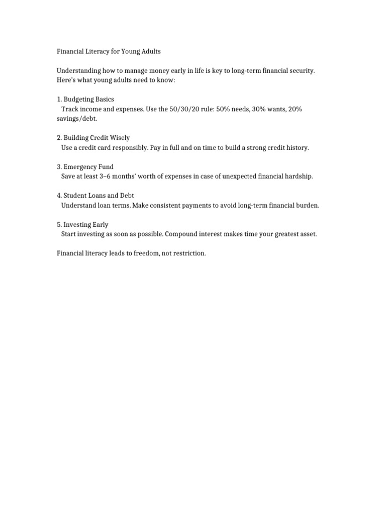 Financial Literacy For Young Adults | PDF