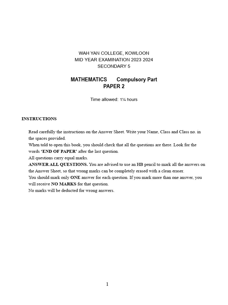 2324 Xmas F5 Math Paper 2 | PDF | Elementary Mathematics | Euclidean ...