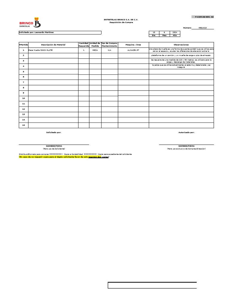 14 REQUISICIÓN Placa Muelle Almacen PT Junio 2024 | PDF