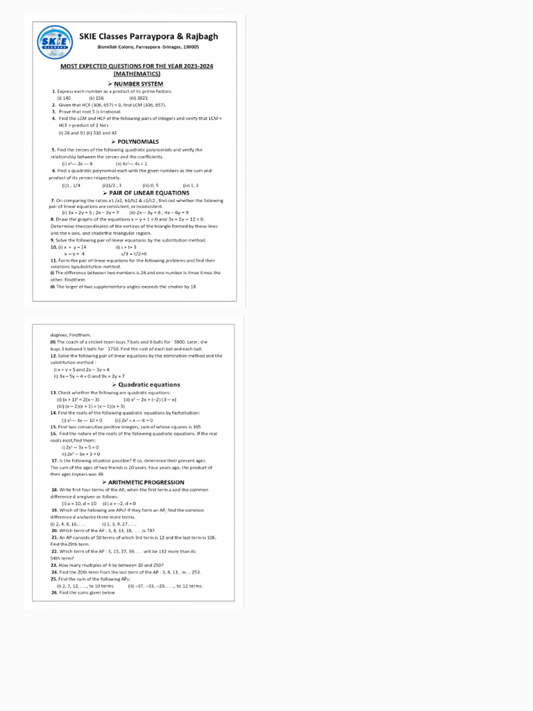 10th Important Maths Qns | PDF