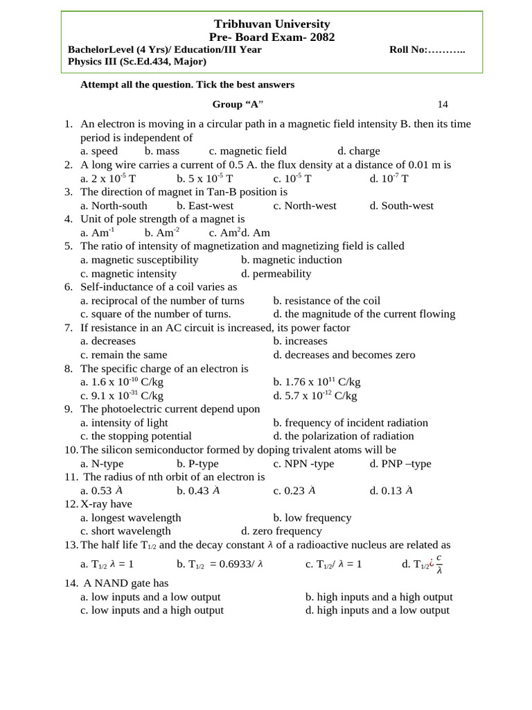 Pre Board 2081 Question B.ed. 2nd | PDF | Rectifier | Inductor