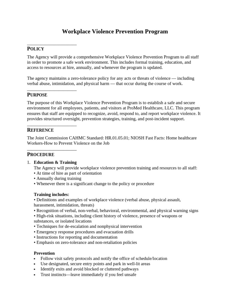 Workplace Violence Prevention Program | PDF | Violence | Emergency