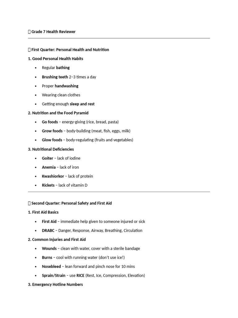 Grade 7 Health Review: Nutrition & Safety | PDF | First Aid | Non ...