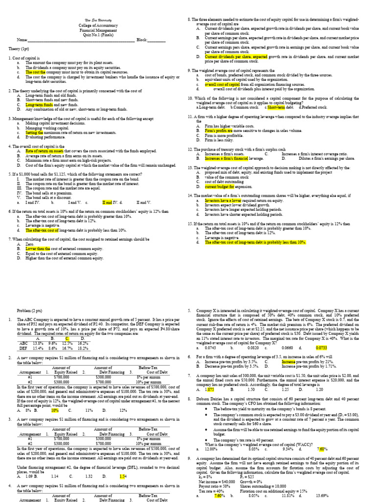 Quiz 1 Finals Answer Key | PDF | Cost Of Capital | Dividend