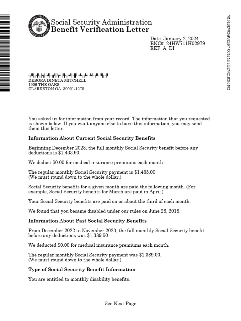 Benefit Verification Letter | PDF | Social Security (United States ...
