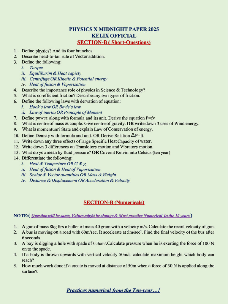 Physics Ix Kelix Official Midnight Paper 2025 | PDF