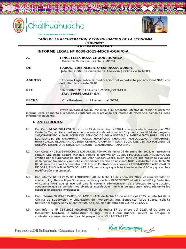 INFORME LEGAL #0038-2025-Aprobacion de Adicional #01 y Deductivo Vinculante #01 Del Proyecto Con ...
