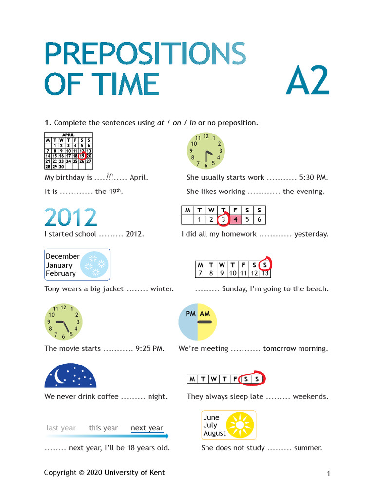 Prepositions of Time A2 Students Worksheet | PDF | Workweek And Weekend
