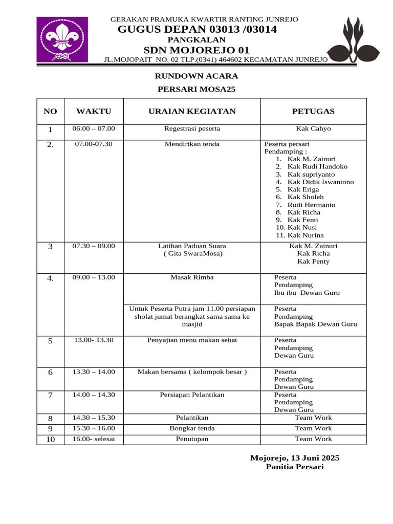 Rundown Acara Persari SD Mojorejo | PDF
