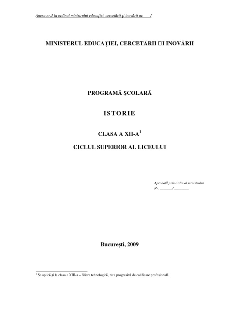 Programa Scolara Pentru Istorie Clasa XII | PDF