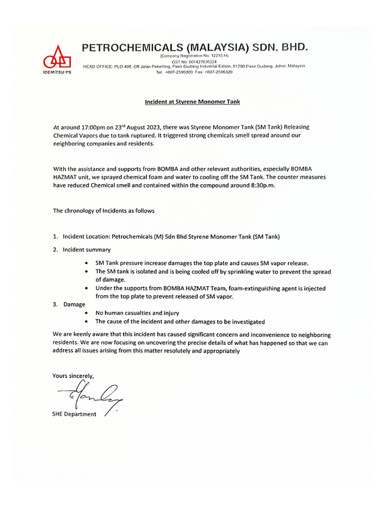 Incident at Styrene Monomer Tank | PDF