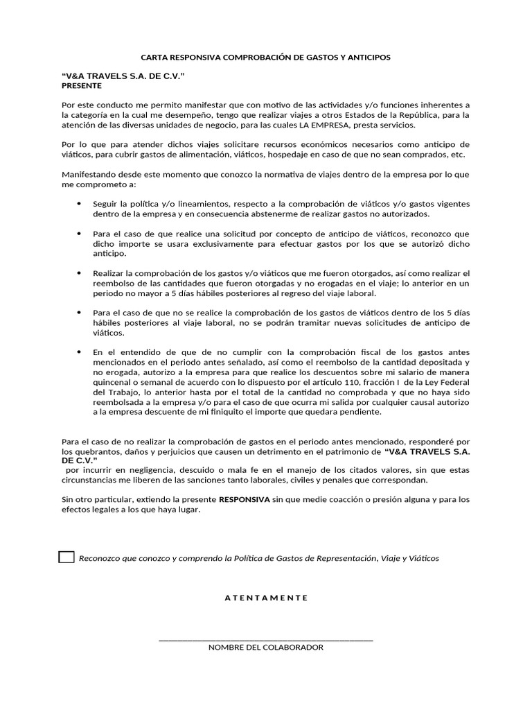 Carta Responsiva Comprobación de Gastos y Anticipos | PDF