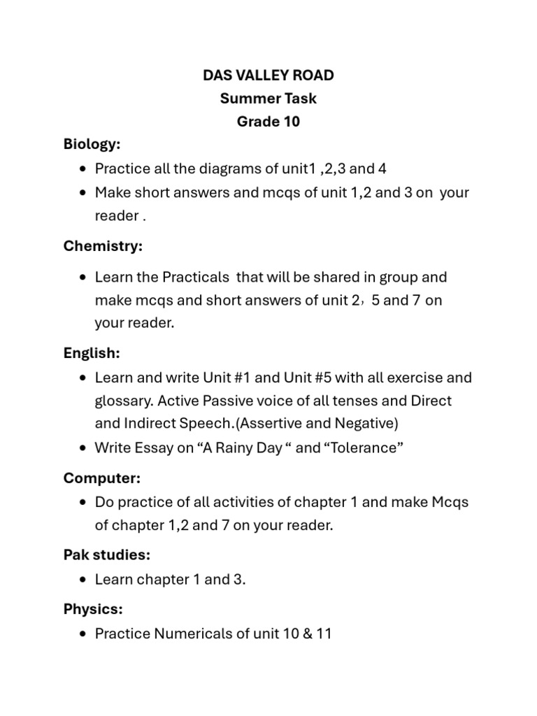 Class 10 Summer Task | PDF