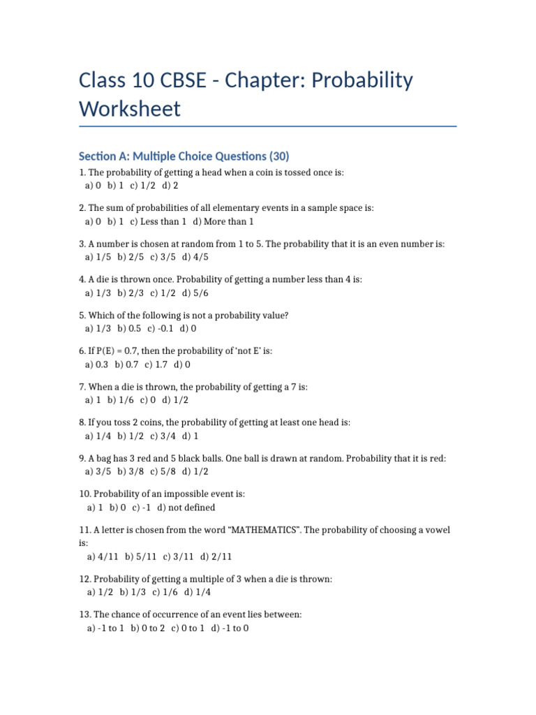 Final Probability Worksheet Class 10 by Aurita Classes | PDF ...