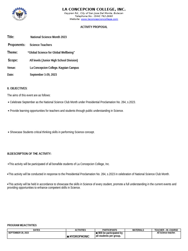 Science Activity Proposal 2023-2024 | PDF | Cognition