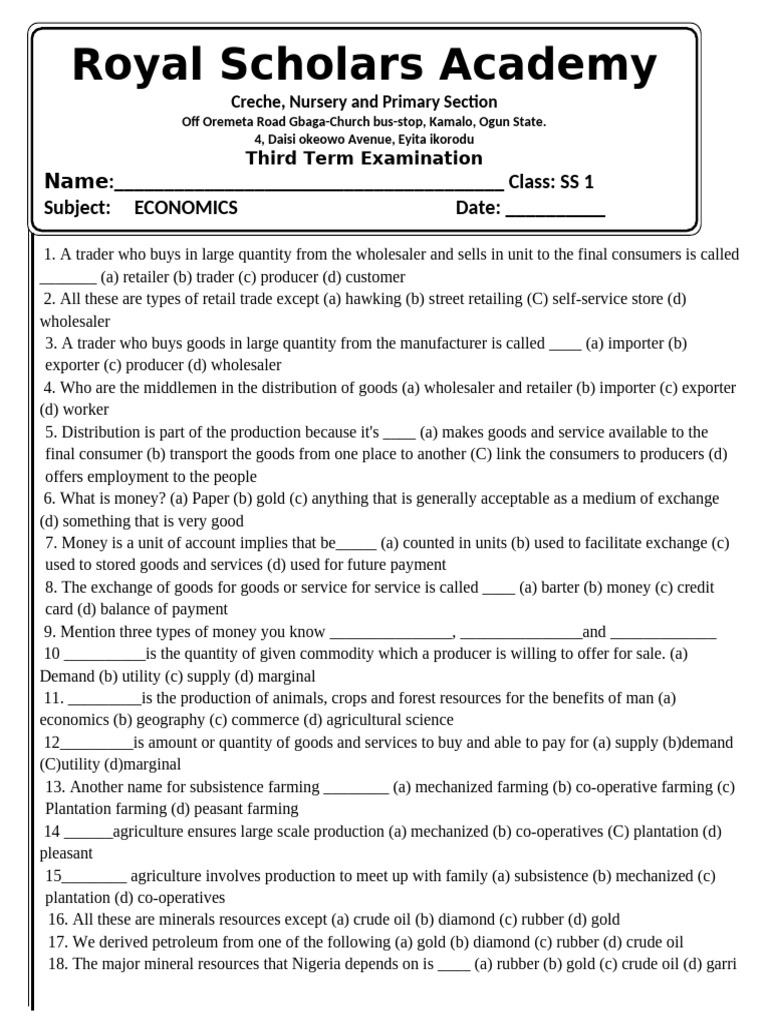 Rsa Eyita Econs Ss1 3rd Term Exam | PDF | Agriculture | Economics