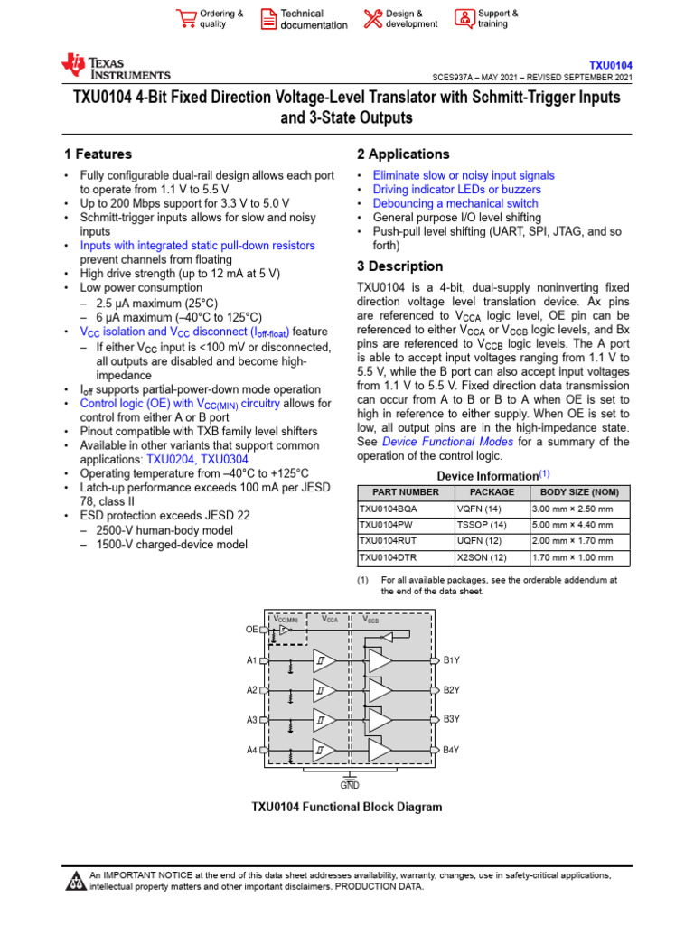 TXU0104 Voltage-Level Translator Overview | PDF | Manufactured Goods ...