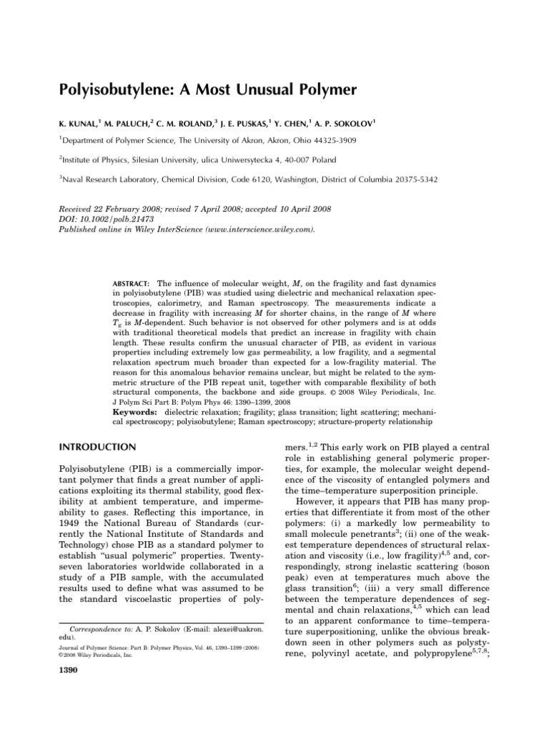 J Polym Sci B Polym Phys - 2008 - Kunal - Polyisobutylene A Most ...